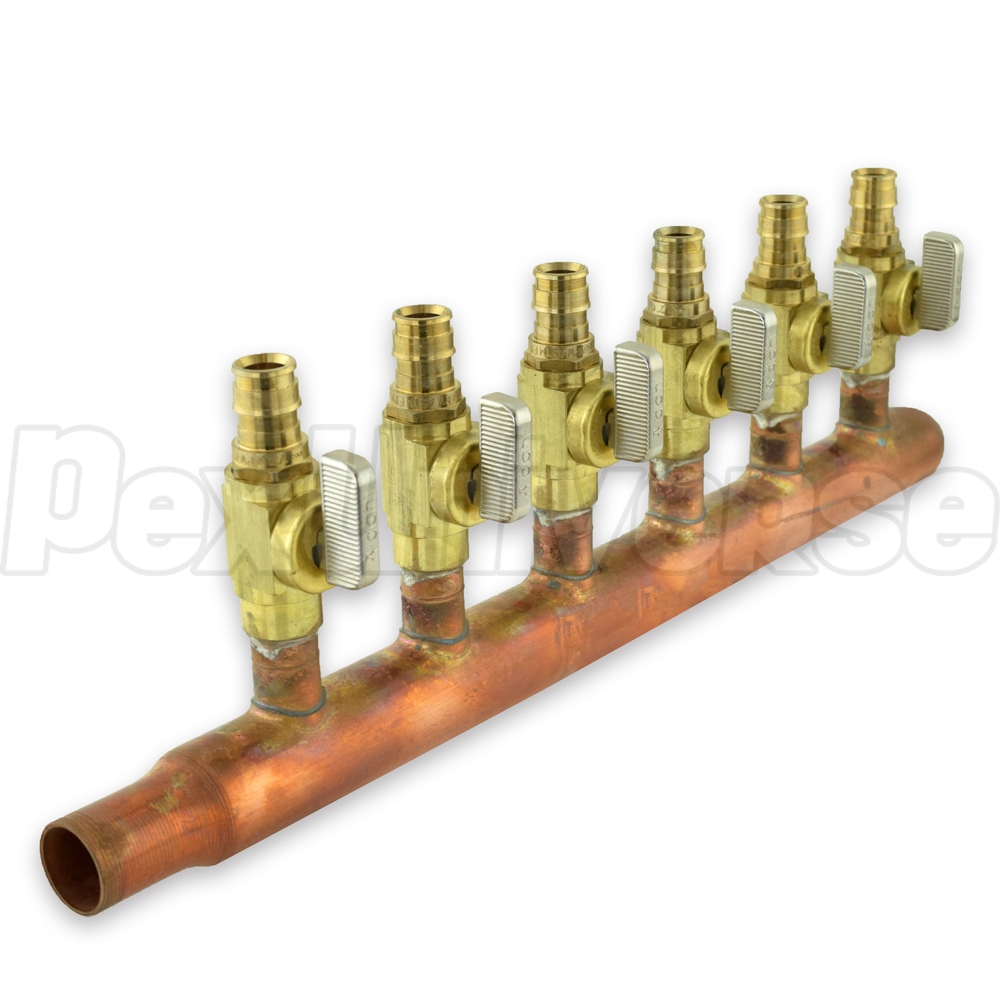 6-branch, 1/2" PEX-A (F1960) Expansion Copper Manifold w/ Valves, Lead ...